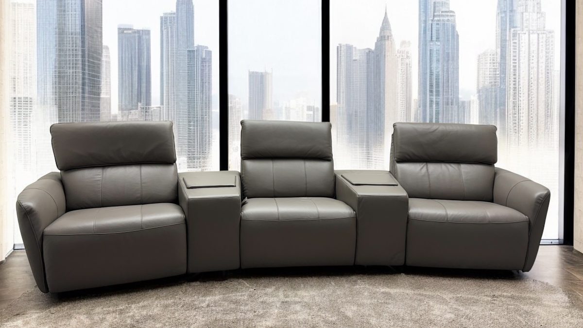 Natuzzi Editions Versatile Taupe Leather Triple Reclining Cinema Sofa ...